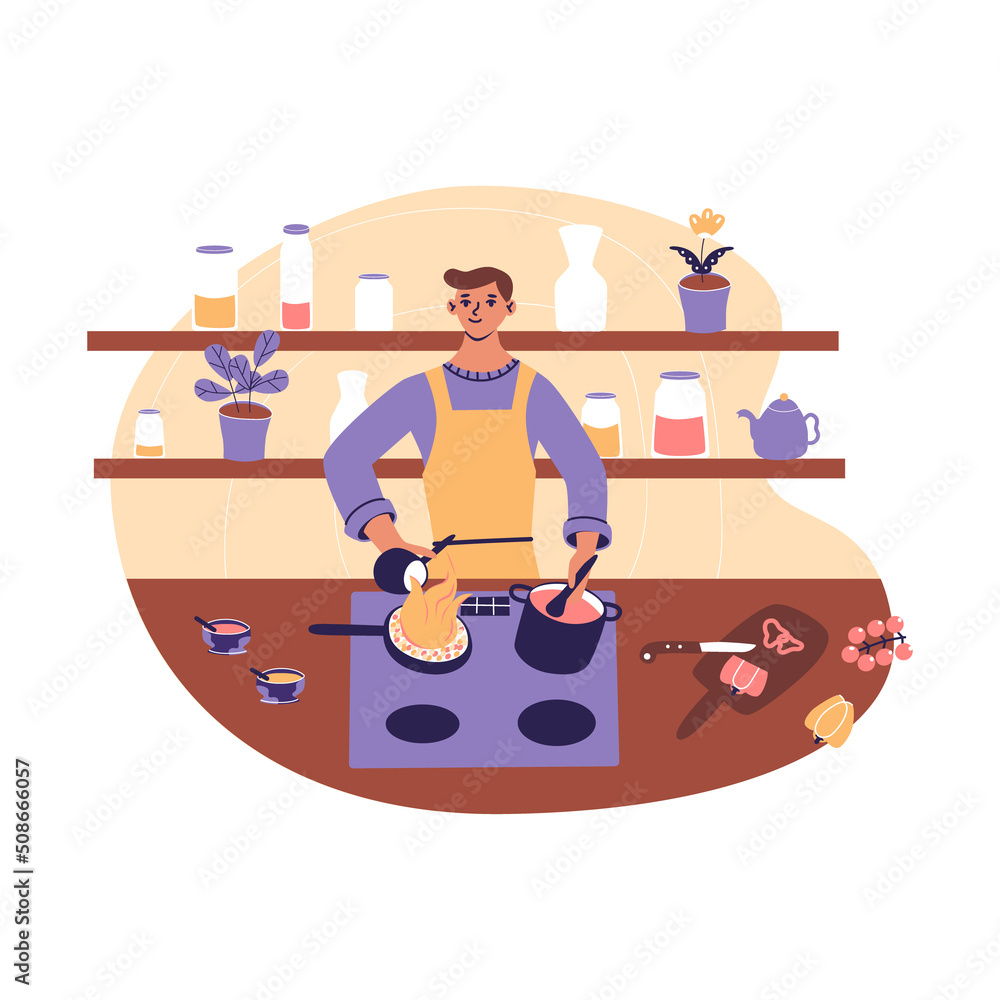 Handsome man cooking in kitchen. Young guy in apron preparing delicious ...