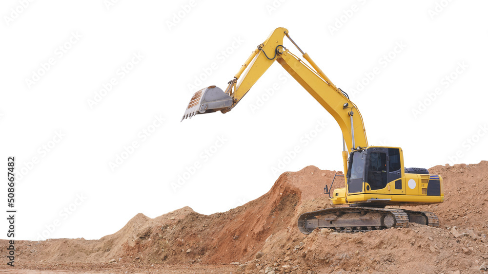 Loader truck and cement mixker yellow industrial car with sand and soil ...