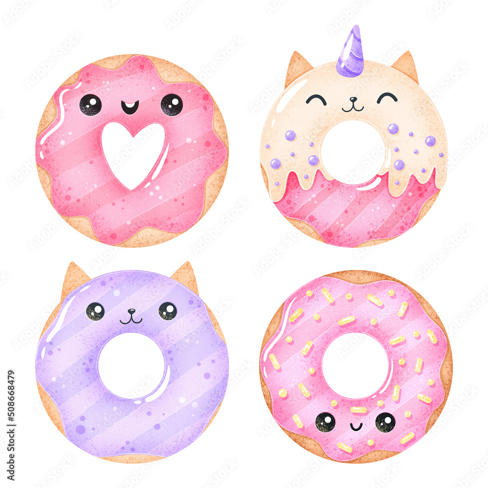 Set of illustrations of cute cartoon doodle kawaii donuts Stock ...