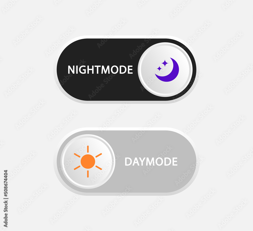 Day and night mode switch. On and Off toggle switch. Light and dark mode buttons for web design ...