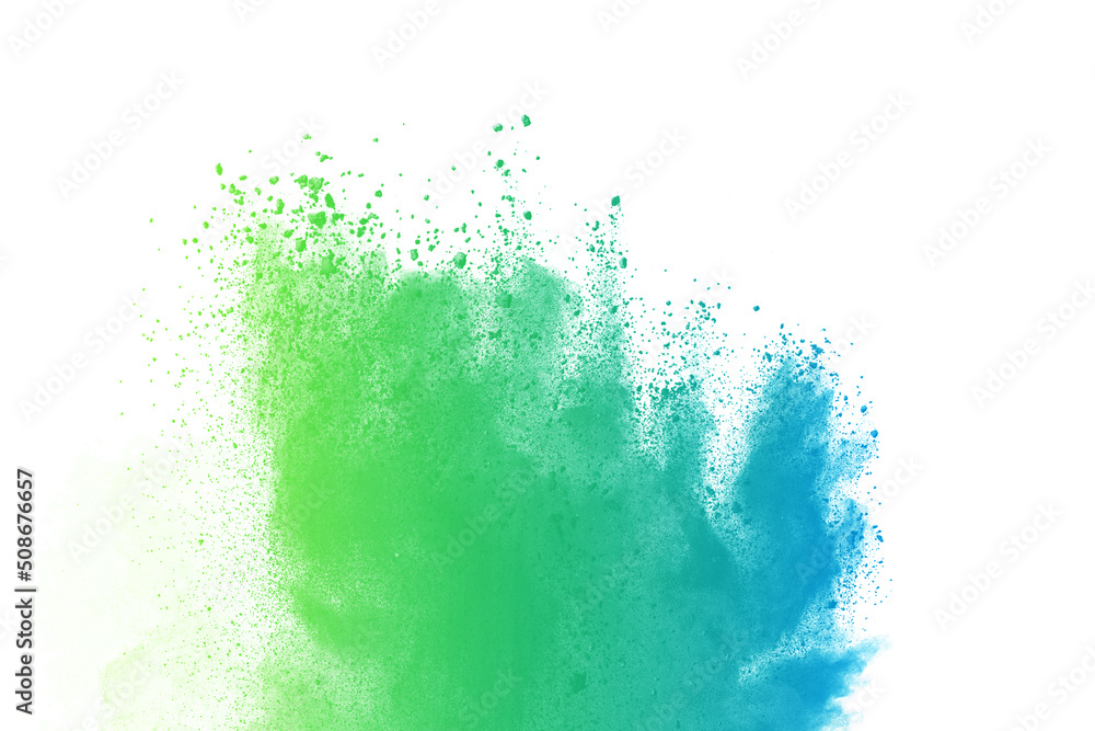 Abstract blue green powder explosion on white background.Freeze motion ...