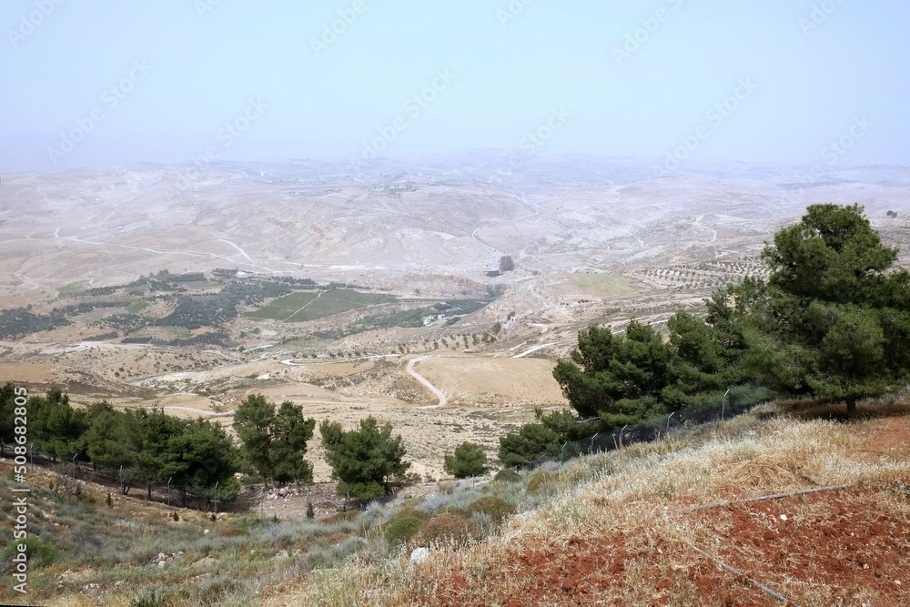 Panorama from Mount Nebo, Jordan. Mount Nebo is mentioned in the Bible ...
