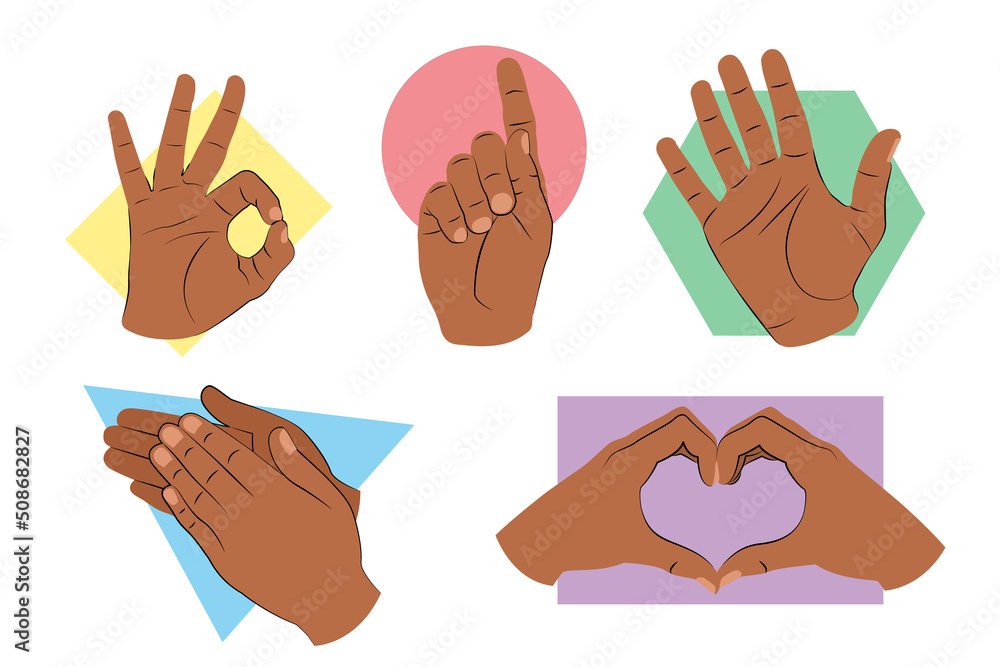Set de stickers de gestos o señas con manos morenas. Vector. Señas ...