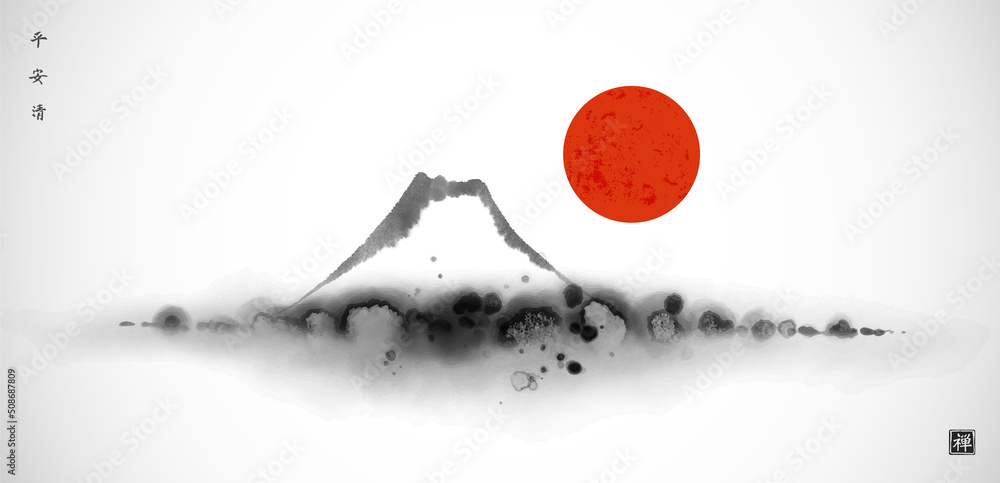 Fujiyma mountain, misty forest hills and big red sun, symbol of Japan ...