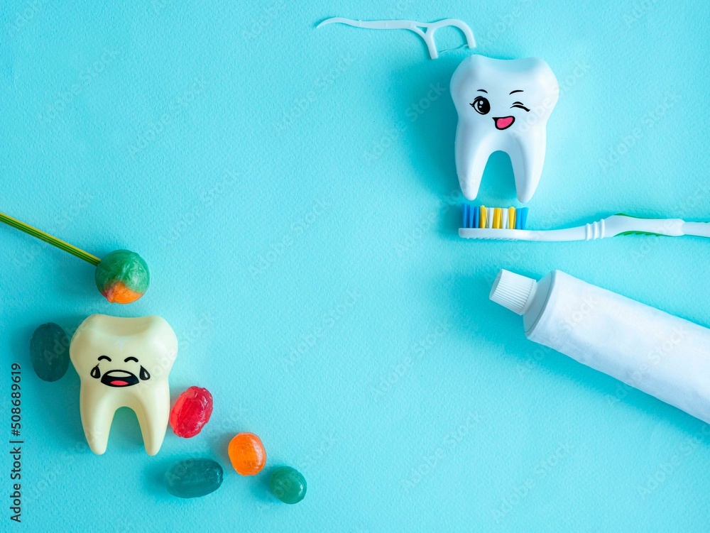 A yellow tooth cries next to sweets and sweets, a white tooth smiles ...