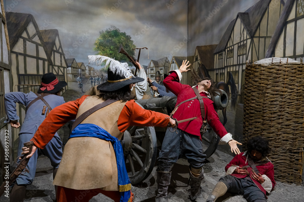Poster waxwork figures in reenactment of a medieval Welsh scene ...