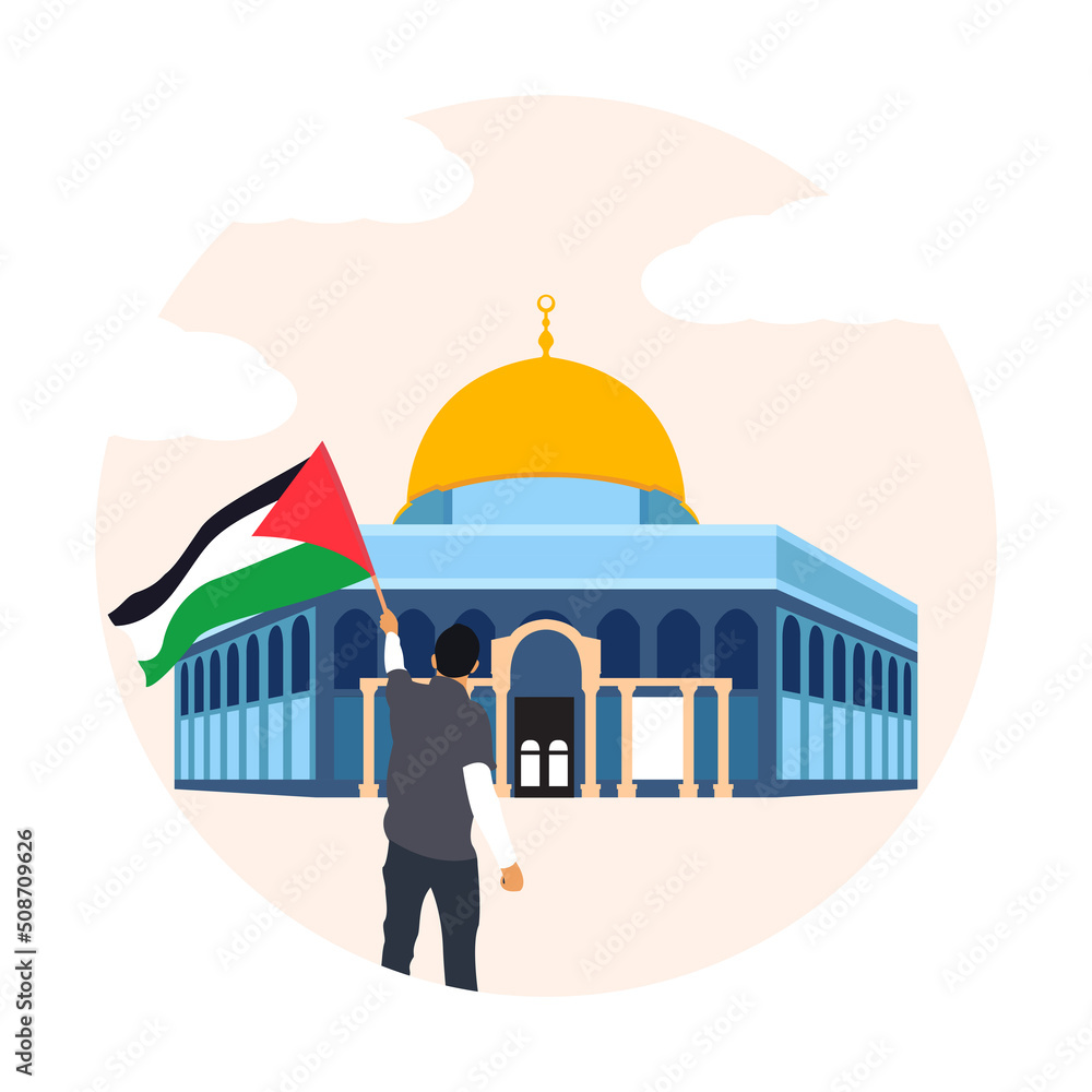 A man protest stands in front of al Aqsa masjid with a Palestine flag ...