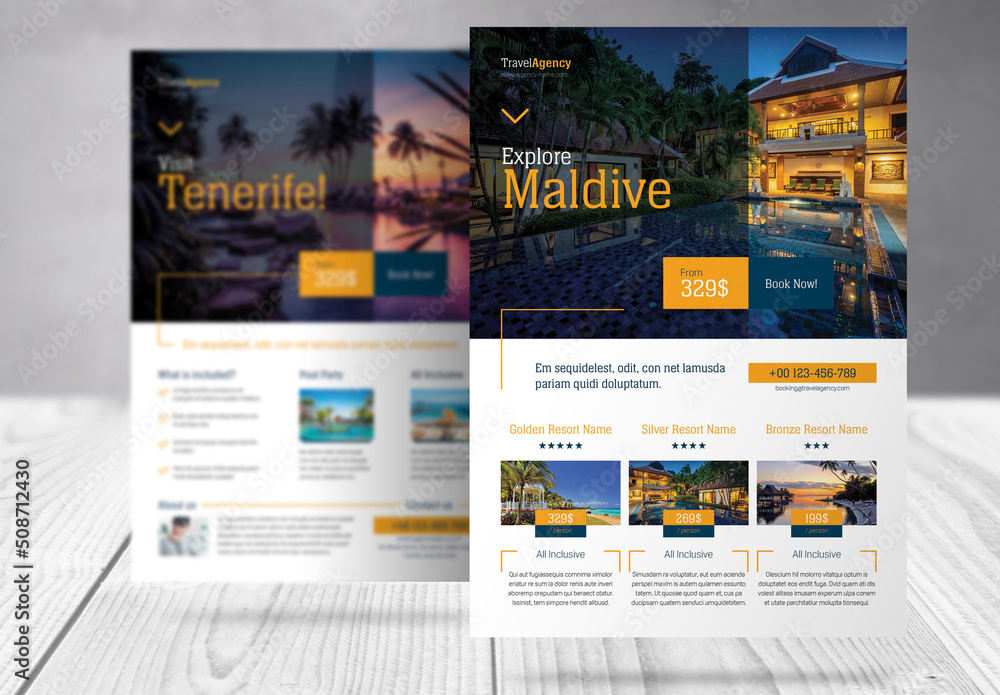 Travel Promotion Flyer with Blue and Yellow Accents Stock Template ...