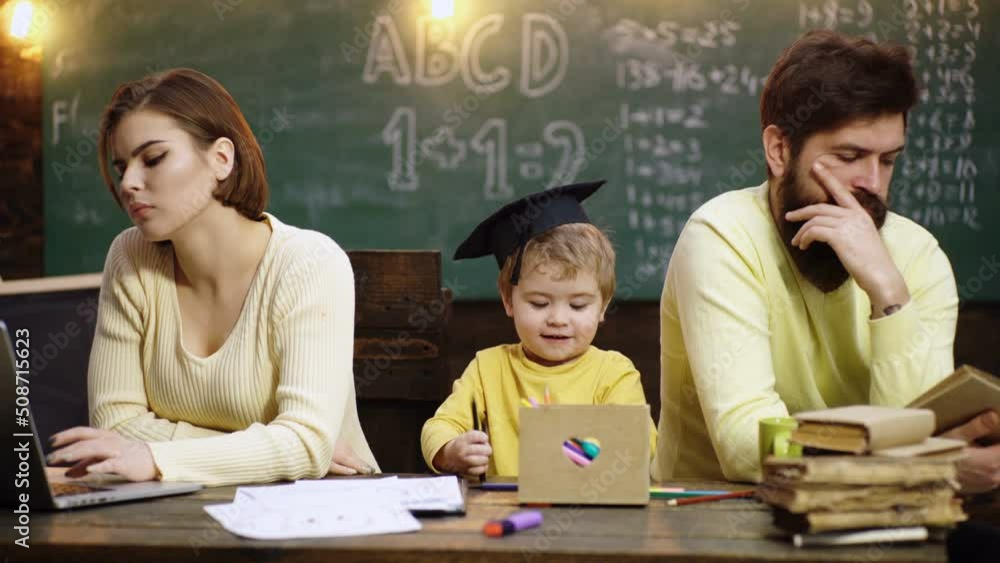 Vidéo Stock Kids learn and study in home school. Cute little kid boy ...