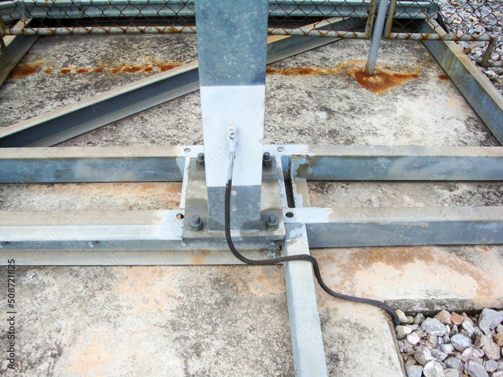 Ground wire connected on steel structure post in high voltage ...