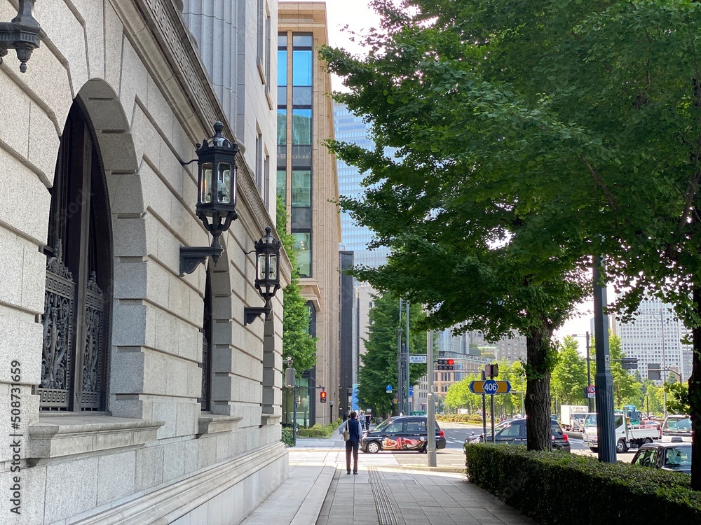 The street side walk of central Tokyo Marunouchi district, the office ...