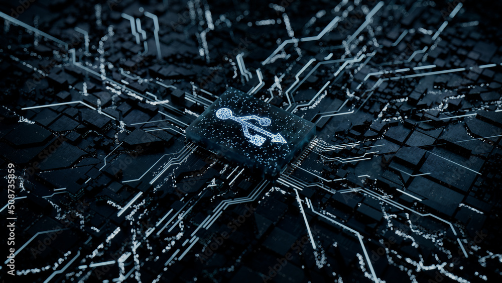 Interface Technology Concept with usb symbol on a Microchip. Data flows ...