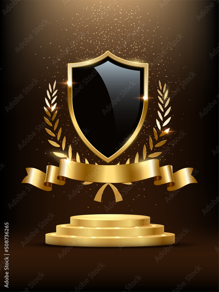 3d gold award podium with black shield, ribbon and laurel branches with ...
