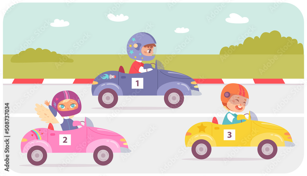 Funny children racers driving speed toy cars on road, race competition ...