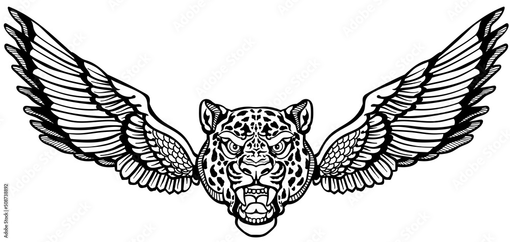 Head of a snow leopard with wings. Legendary mythological creature Aq ...