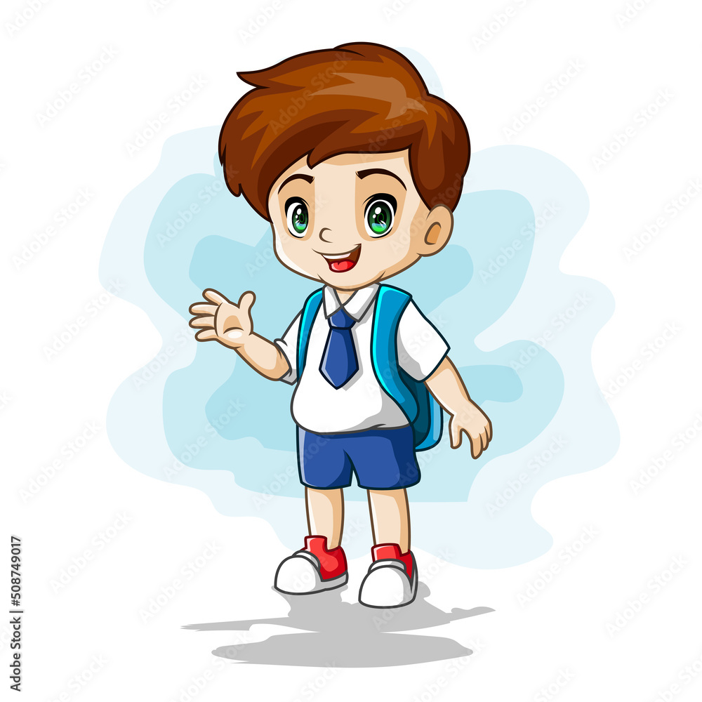 Cute cartoon little boy wearing a school uniform. vector illustration ...
