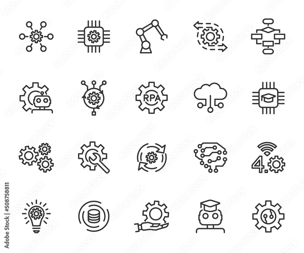 Vector set of process automation line icons. Contains icons robotic ...