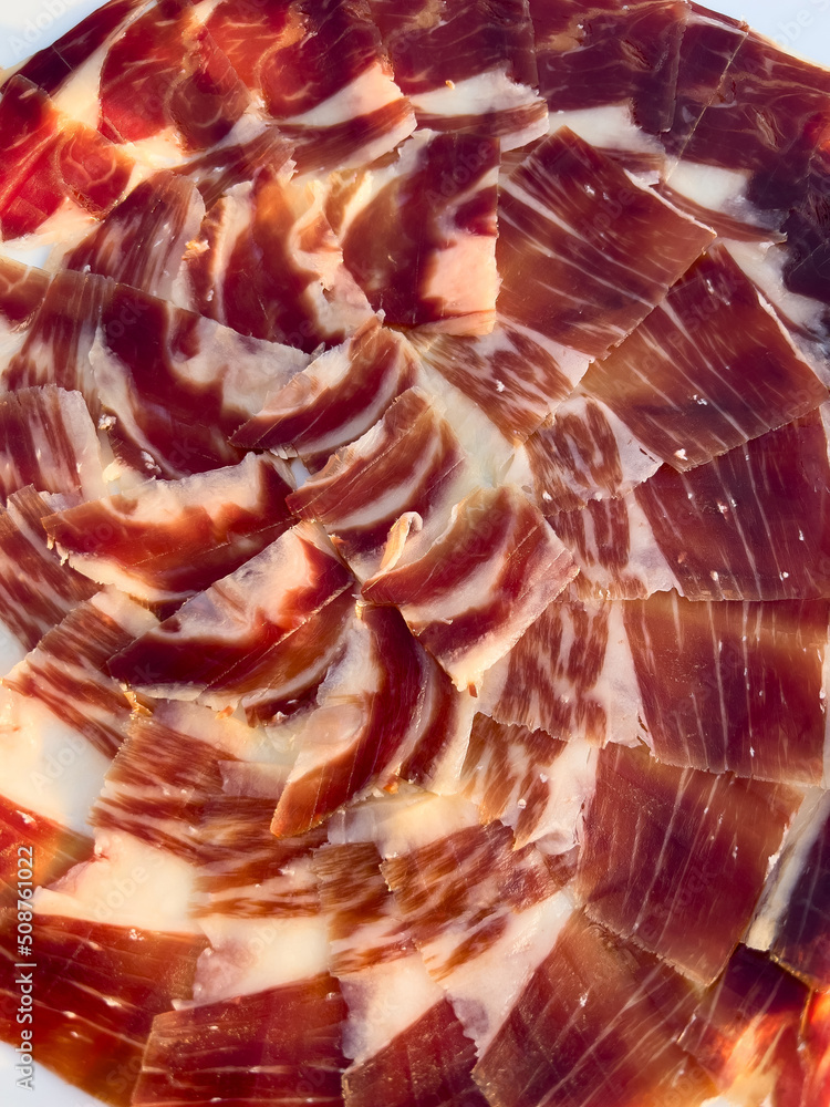 Foto de Full frame close up of a dish of spanish Jamon Serrano Pata ...