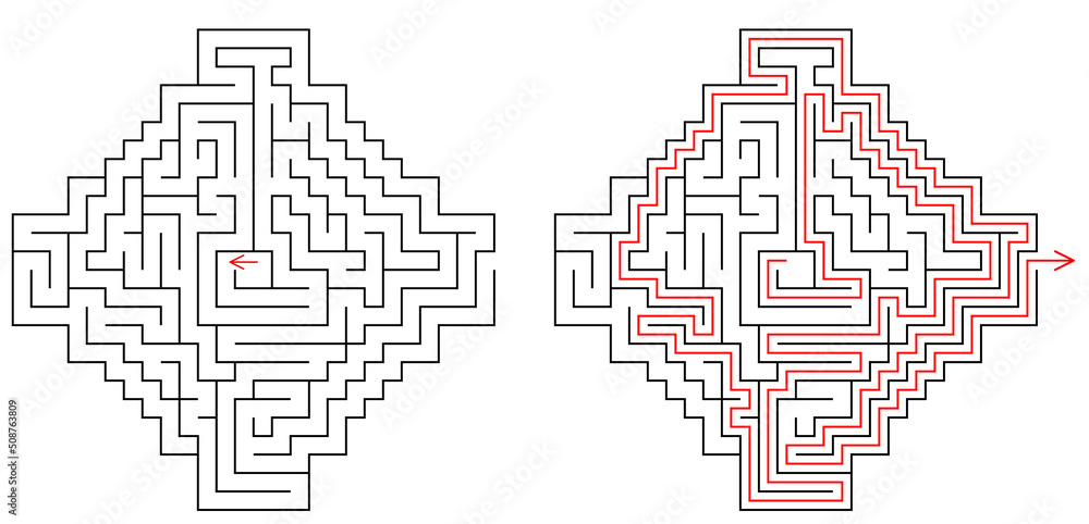 Vector maze inside the shape of a jewel. Find the way out from center ...