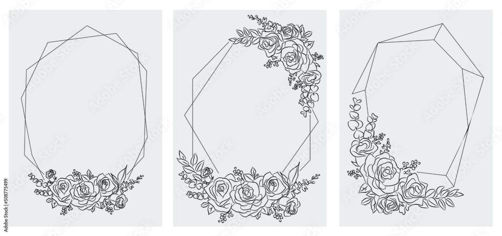 Roses frames line art monochrome vector illustration. Ink sketch trendy ...