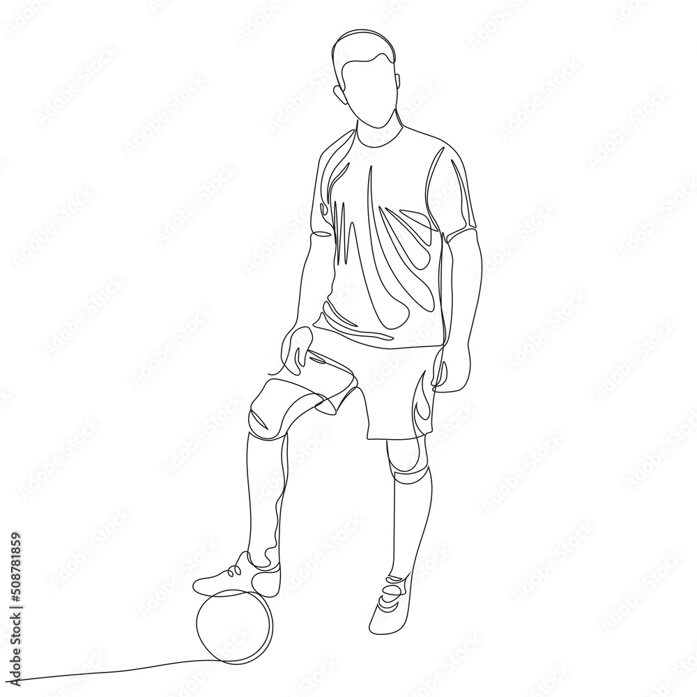 football player standing with one foot on a ball one line art Stock ...