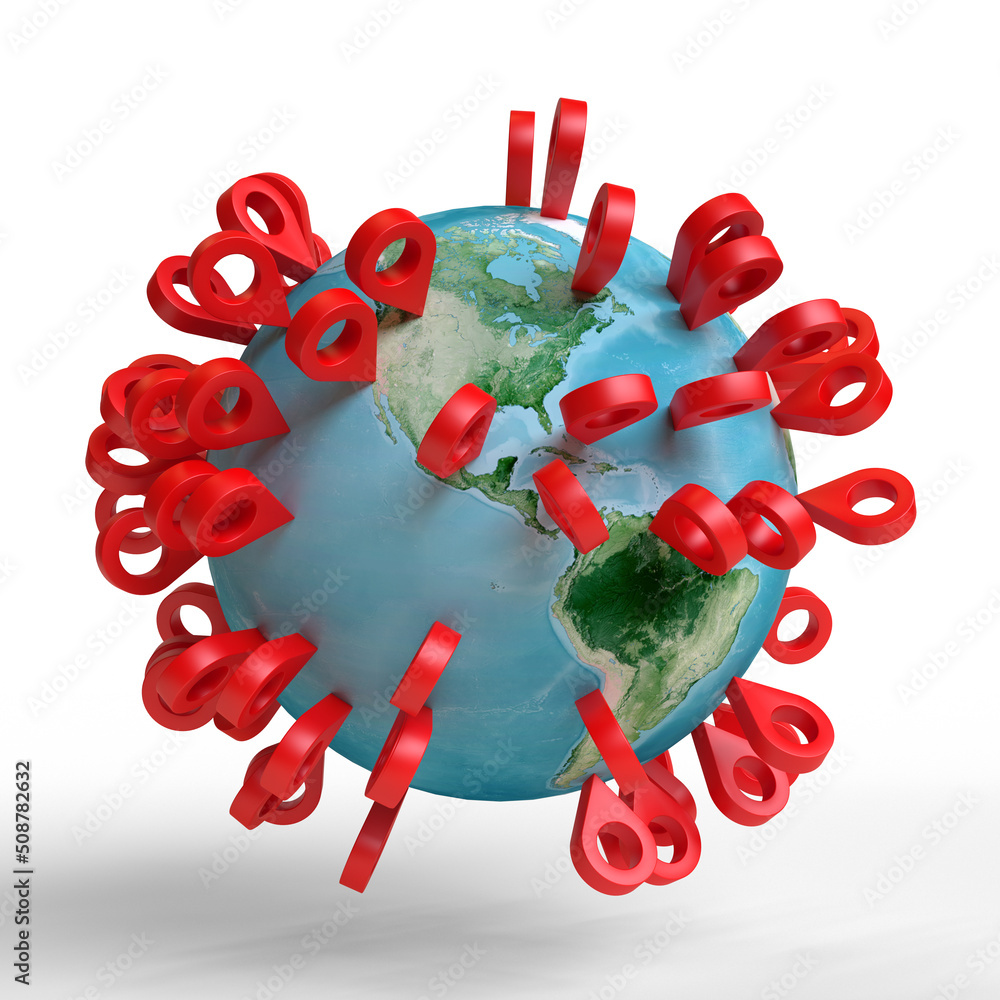 Travel Destination Concept. GPS Pin on earth. World Map Globe of this ...