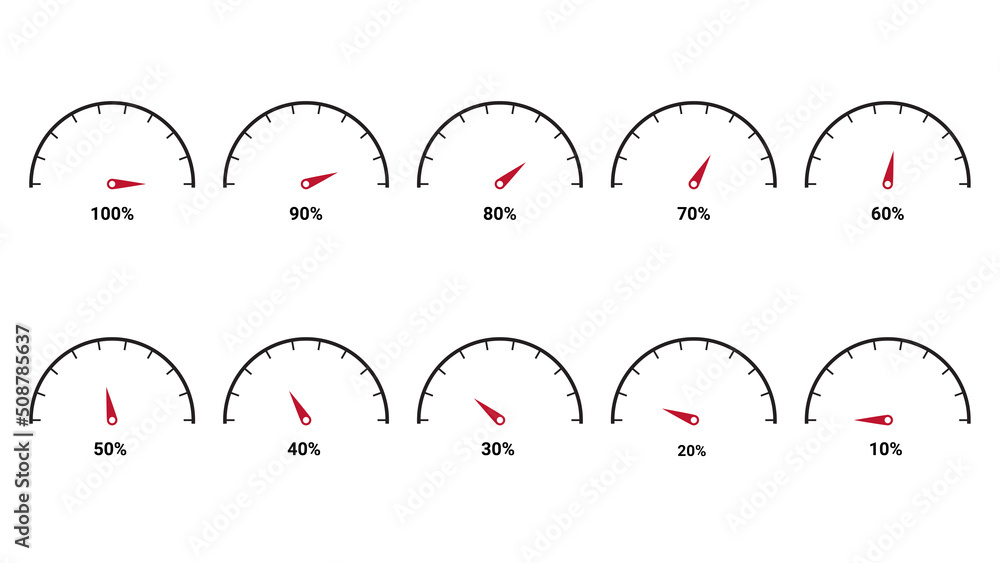 progress meter infographic vector illustration set, meter pointing at ...