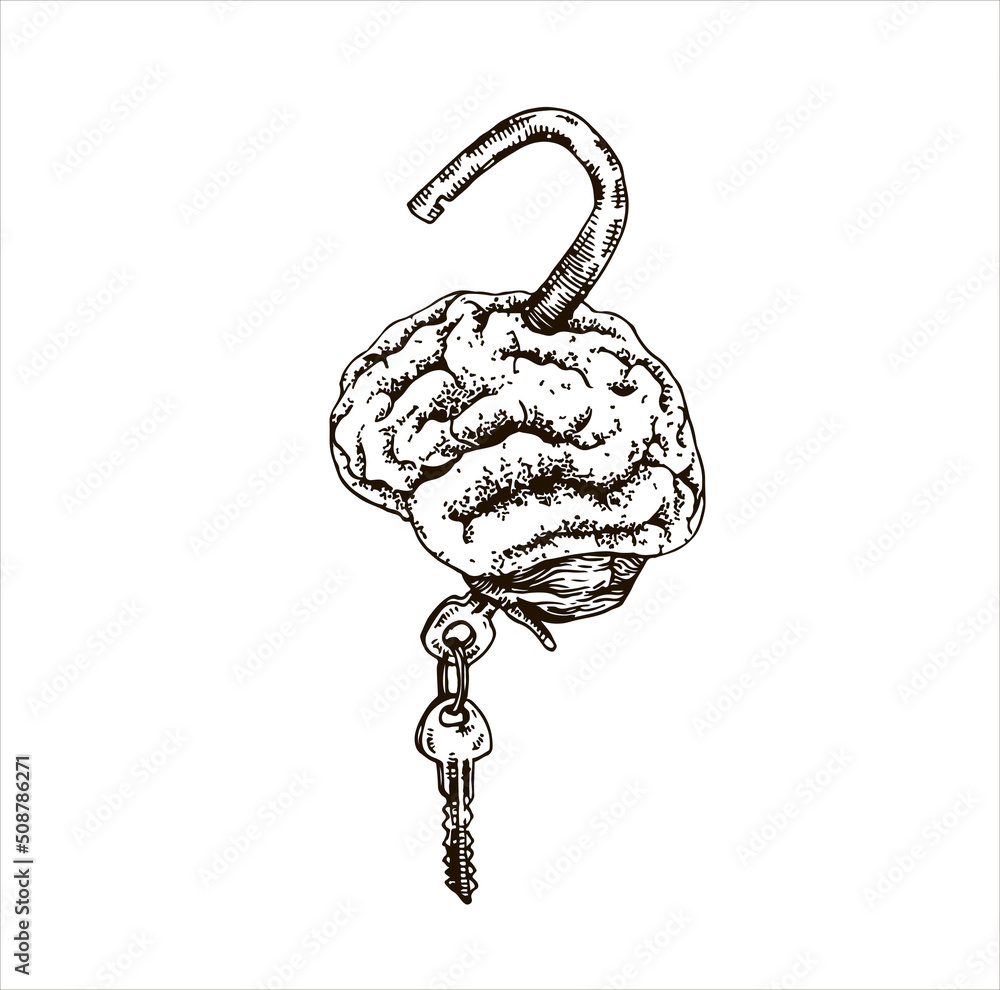 Sketch of the brain of a lock with keys. Vector illustration of ...