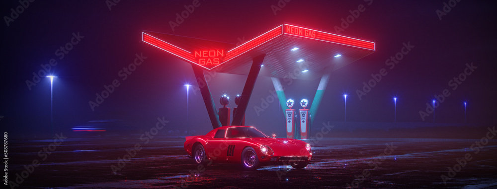 Neon gas station and retro car. Vintage cyberpunk auto. Fog rain and ...