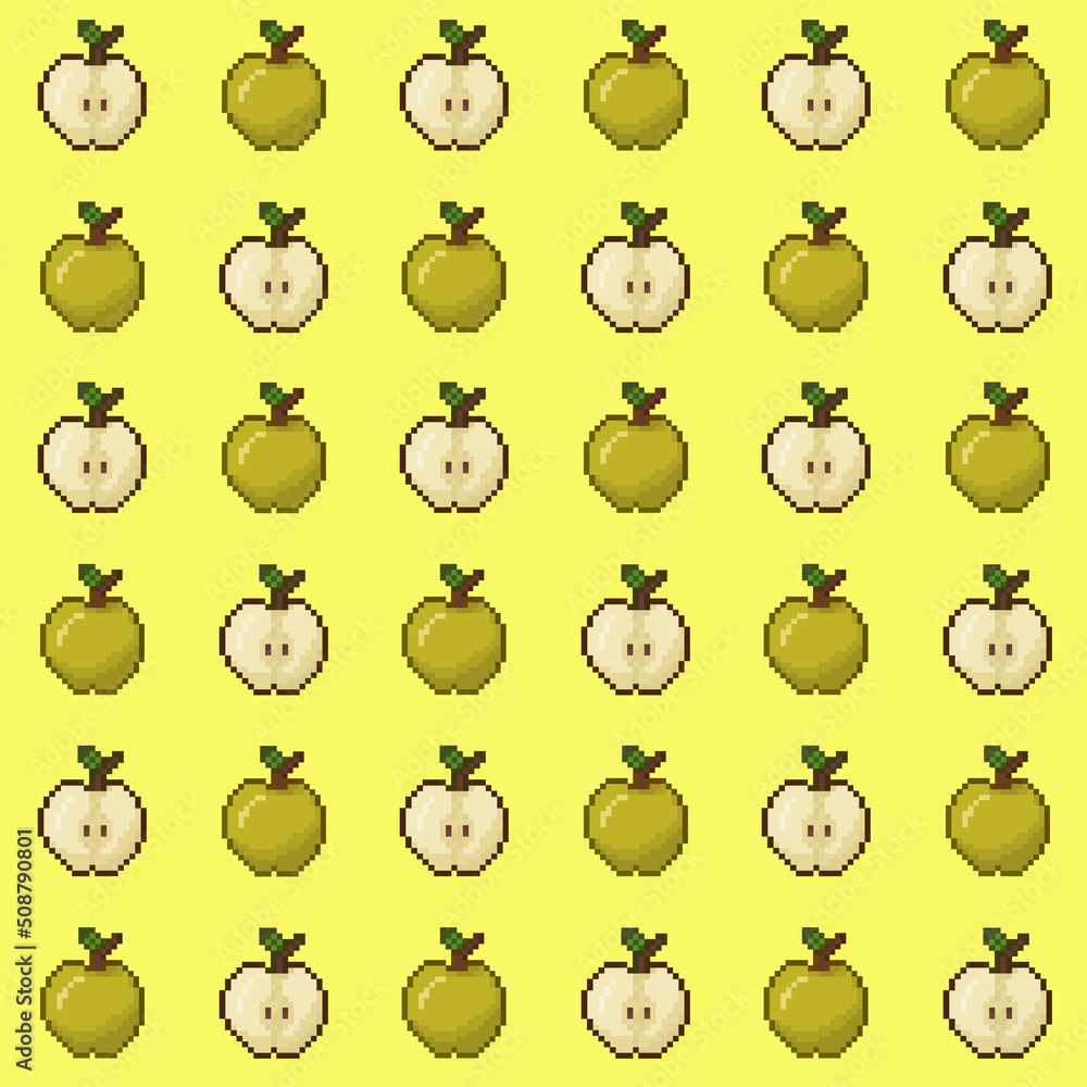 8-bit style green apple seamless pattern, pixel art fruits, retro game ...