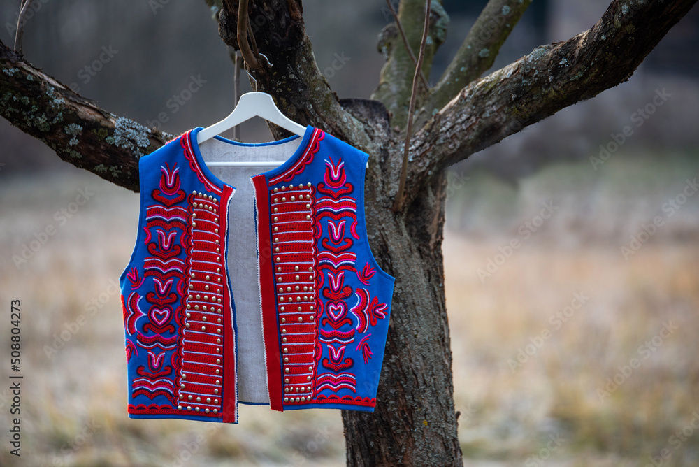 Folk costume in nature. Traditional Slavic suit at a nature exhibition ...