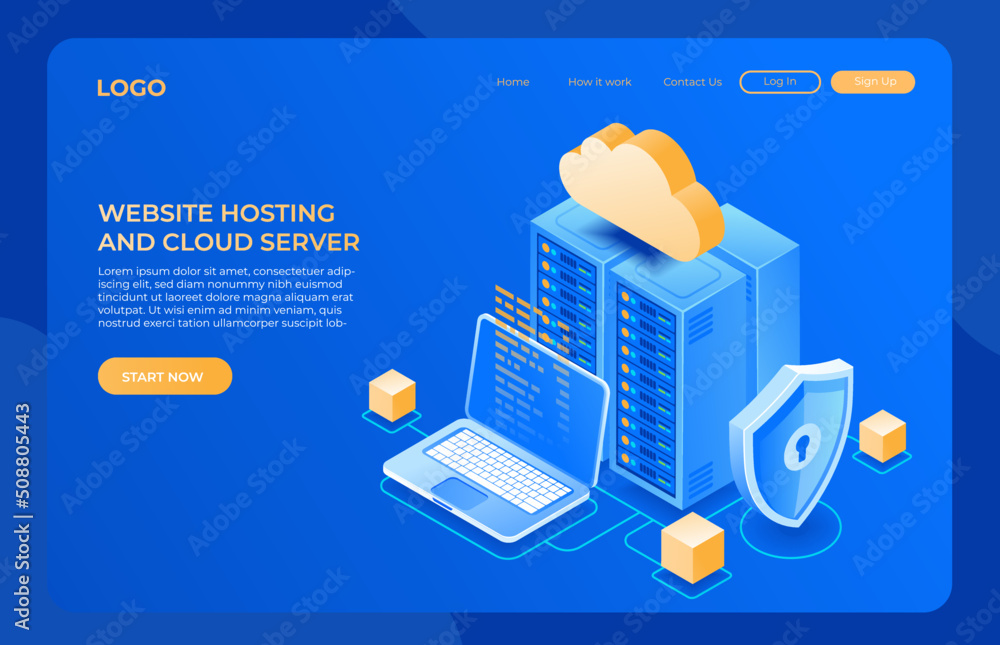 Website hosting landing page design, cloud computing and server isometric illustration concept ...