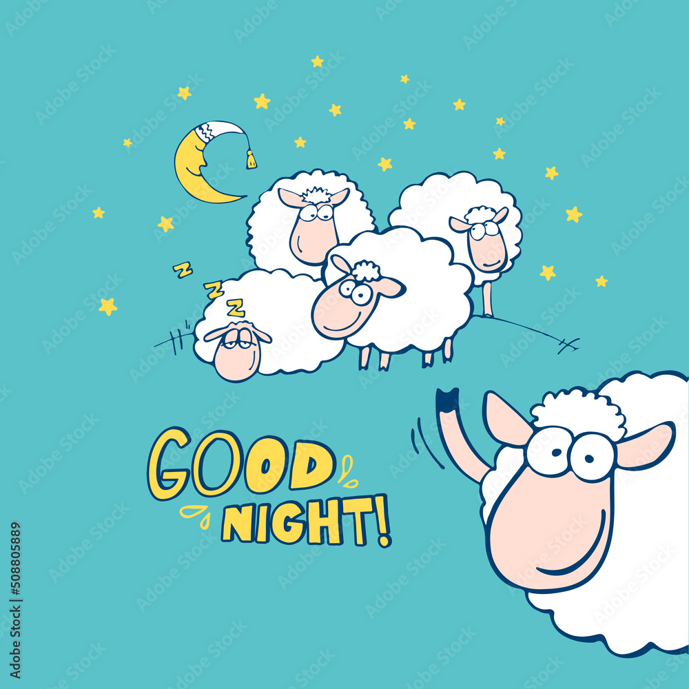 Good night hand drawn poster with sheep and moon with stars in the sky ...
