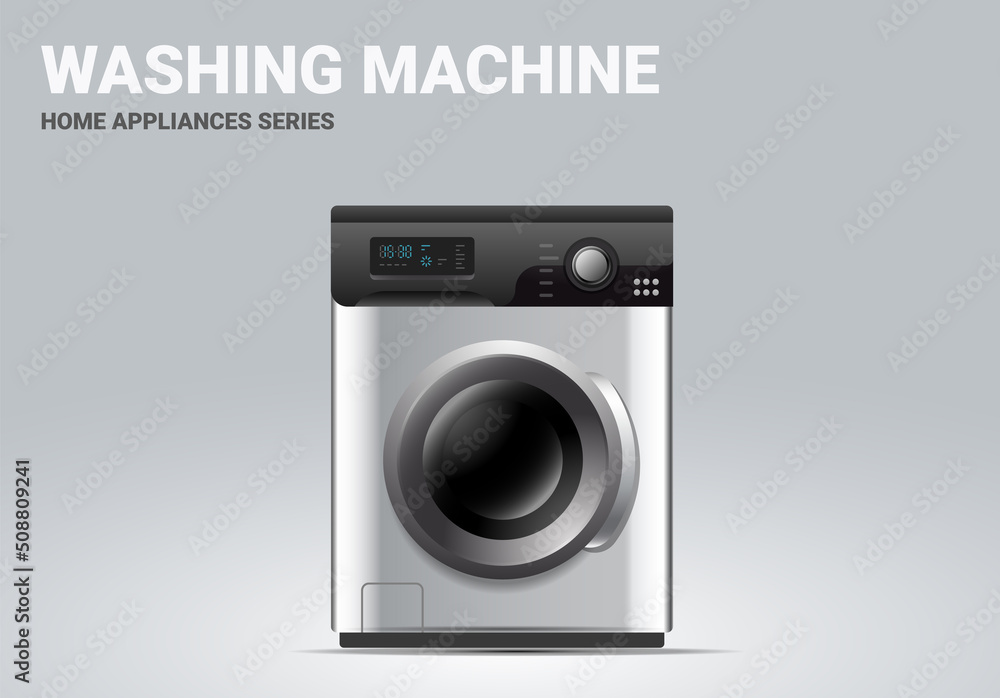 Vector realistic illustration of silver color washing machine on light ...