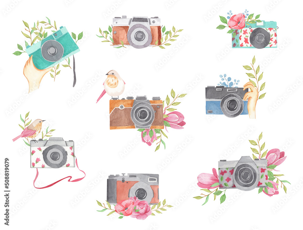 Watercolor Photo camera clip art set for photography logo design ...