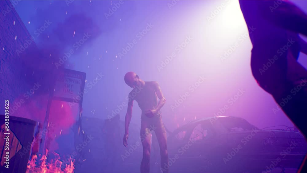 Scary zombies are walking through a deserted and abandoned city. Post ...