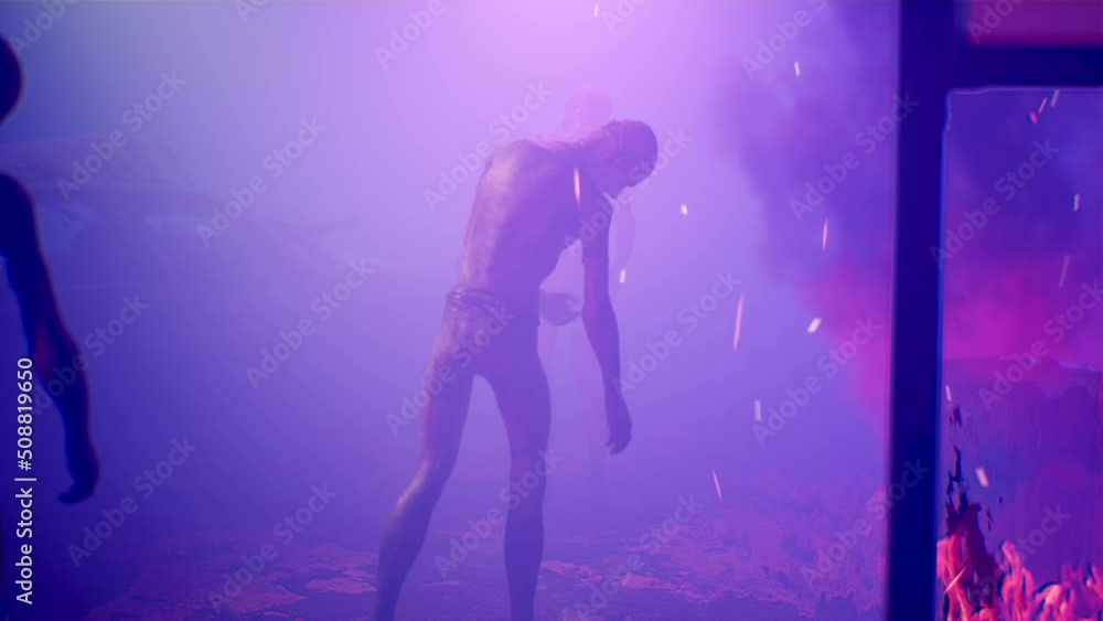 Scary zombies are walking through a deserted and abandoned city. Post ...