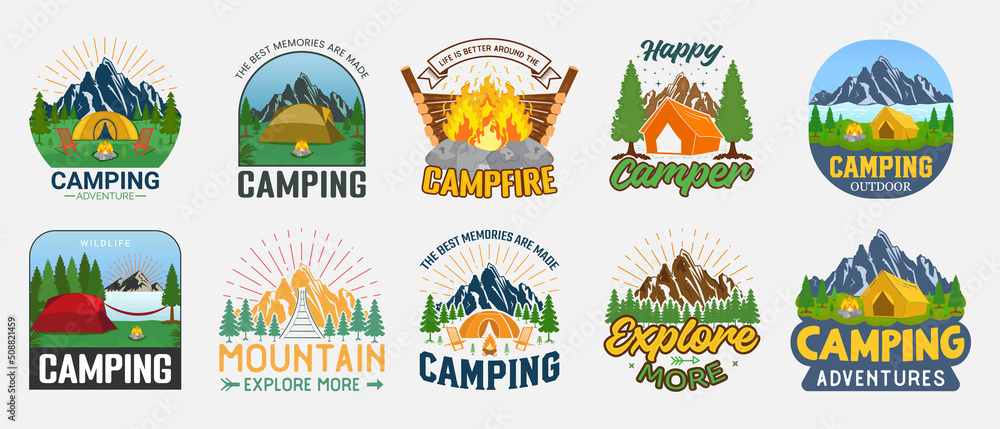 Set of camping lettering, adventure isolated hand drawn typography ...