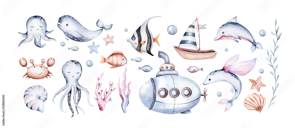 Set of sea animals. Blue watercolor ocean fish, turtle, whale and coral ...