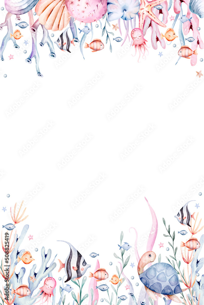 Background with sea animals. Blue watercolor ocean fish, turtle, whale ...