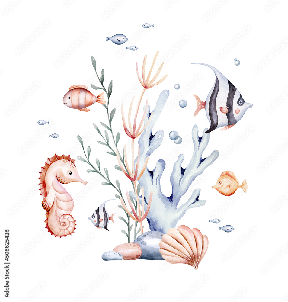 sea animals composition. Blue watercolor ocean fish, turtle, whale and ...