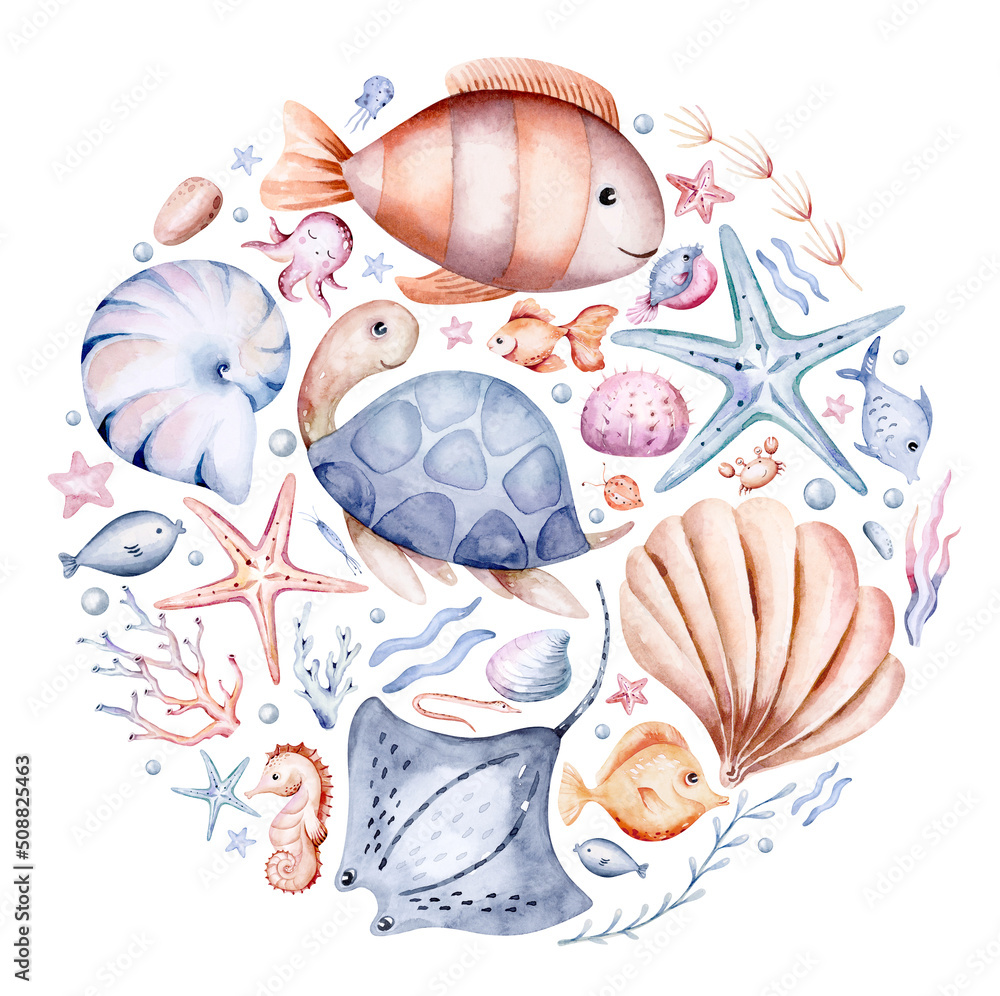 sea animals composition. Blue watercolor ocean fish, turtle, whale and ...