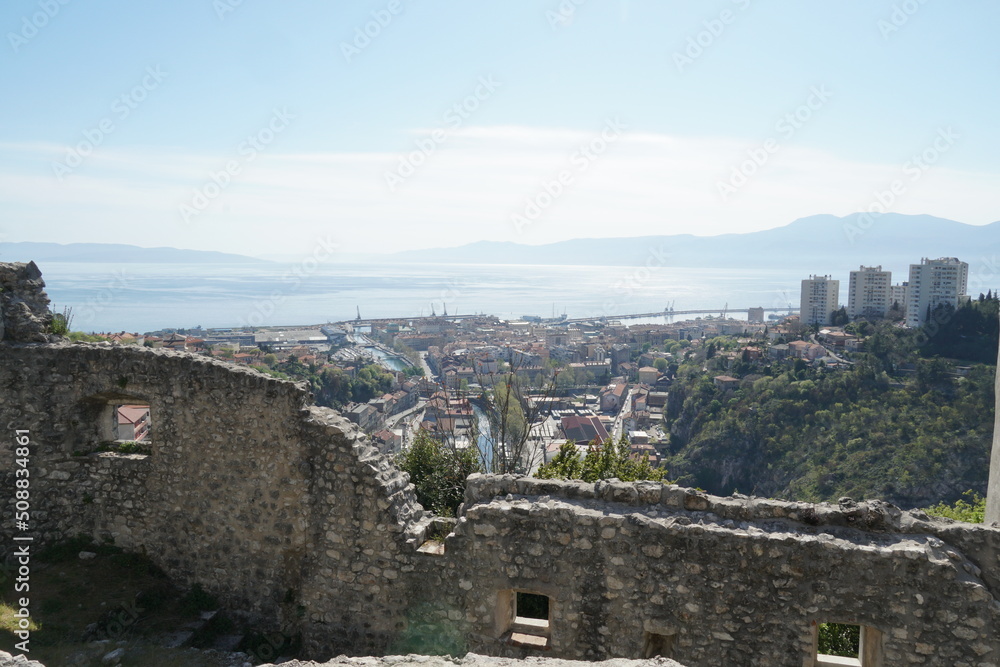 Panorama of port town Rijeka from the top of Trsat castle with view on ...