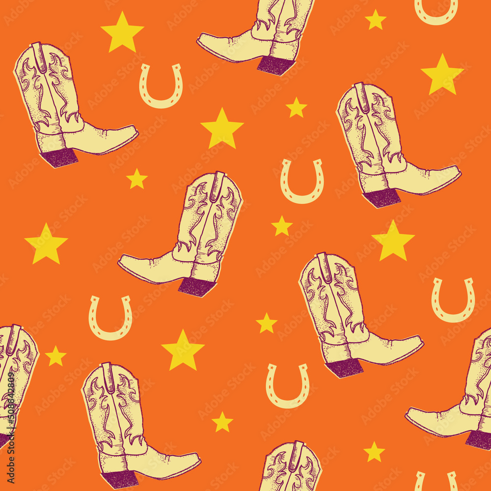 Cowboy boots seamless pattern with rodeo elements. Wild West cowboy ...