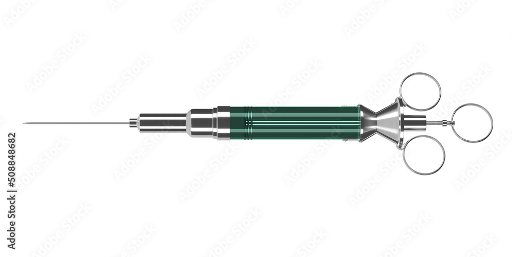 Vintage reusable syringe with green liquid isolated on white background ...