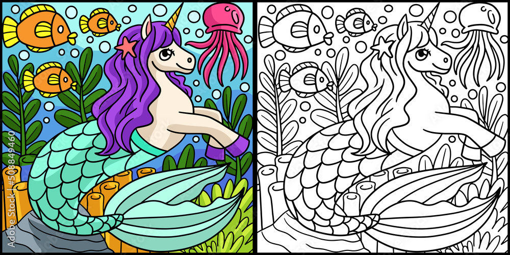 Mermaid Unicorn Coloring Page Colored Illustration Stock Vector | Adobe ...