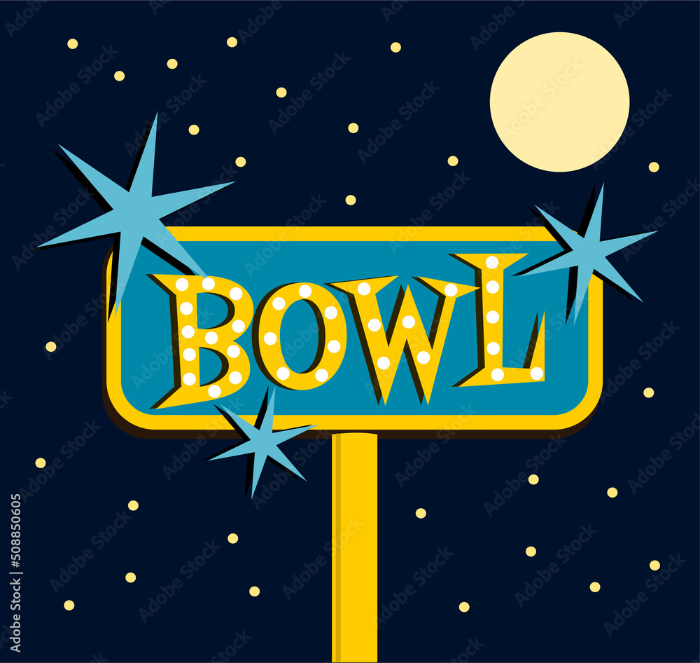 Vintage neon bowling alley sign at night Stock Vector | Adobe Stock