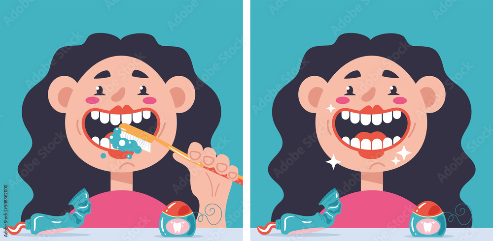Girl character cleaning teeth concept. Vector flat cartoon design ...