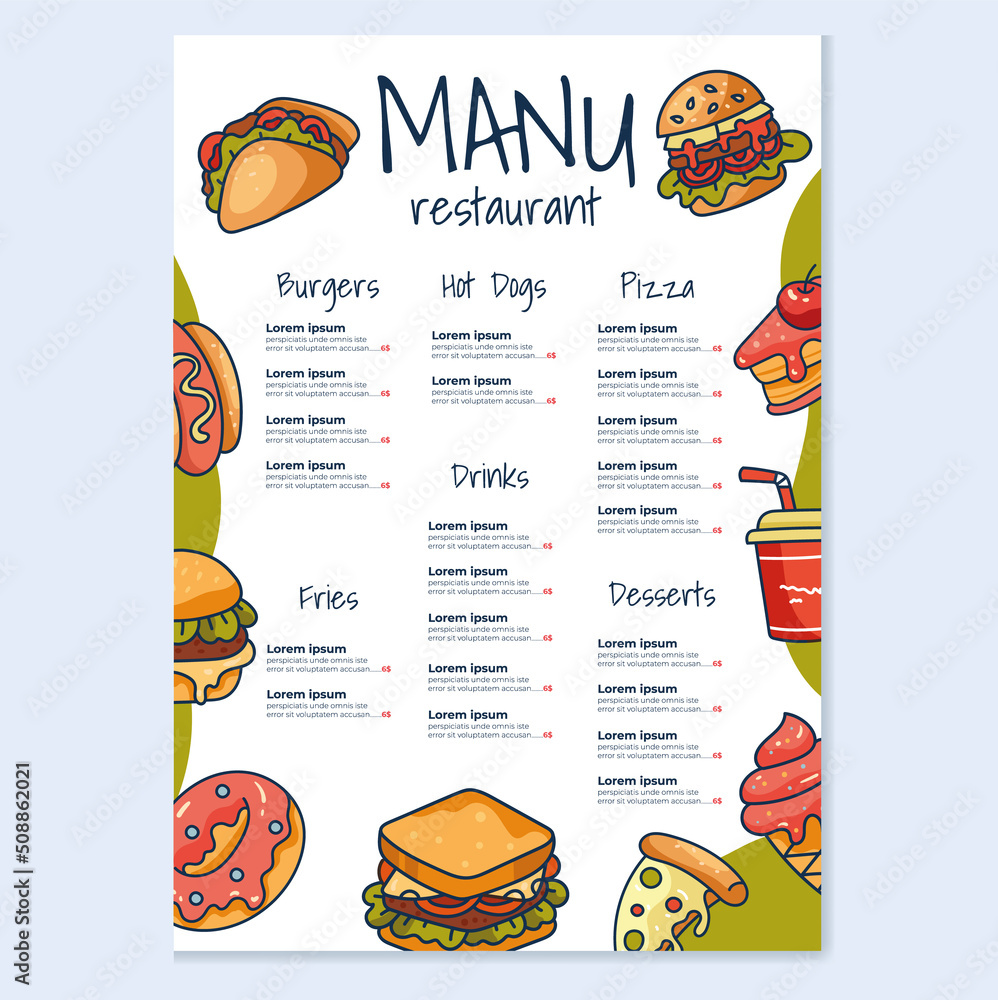 Fast food main menu template mock for cafe and restaurant design for ...