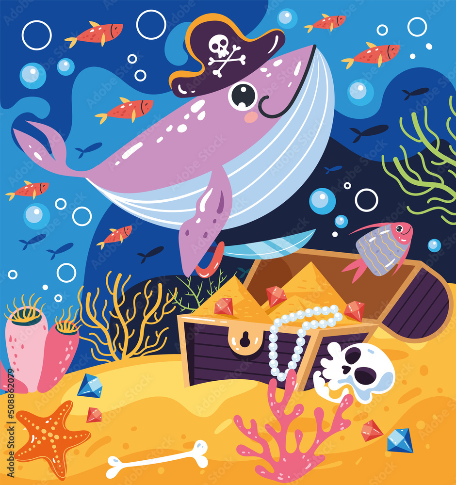 Pirate whale character on sea bottom with chest gold treasure concept ...